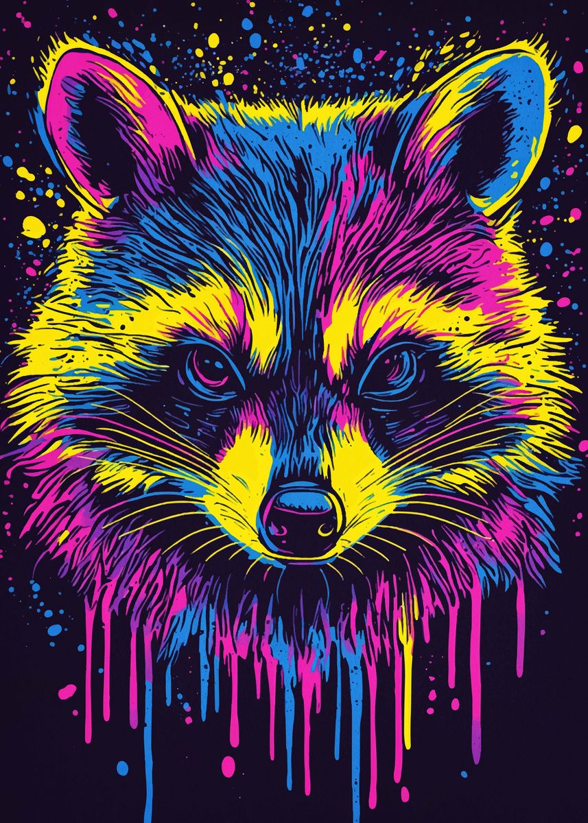 'Neon Raccoon Art' Poster, picture, metal print, paint by | Displate