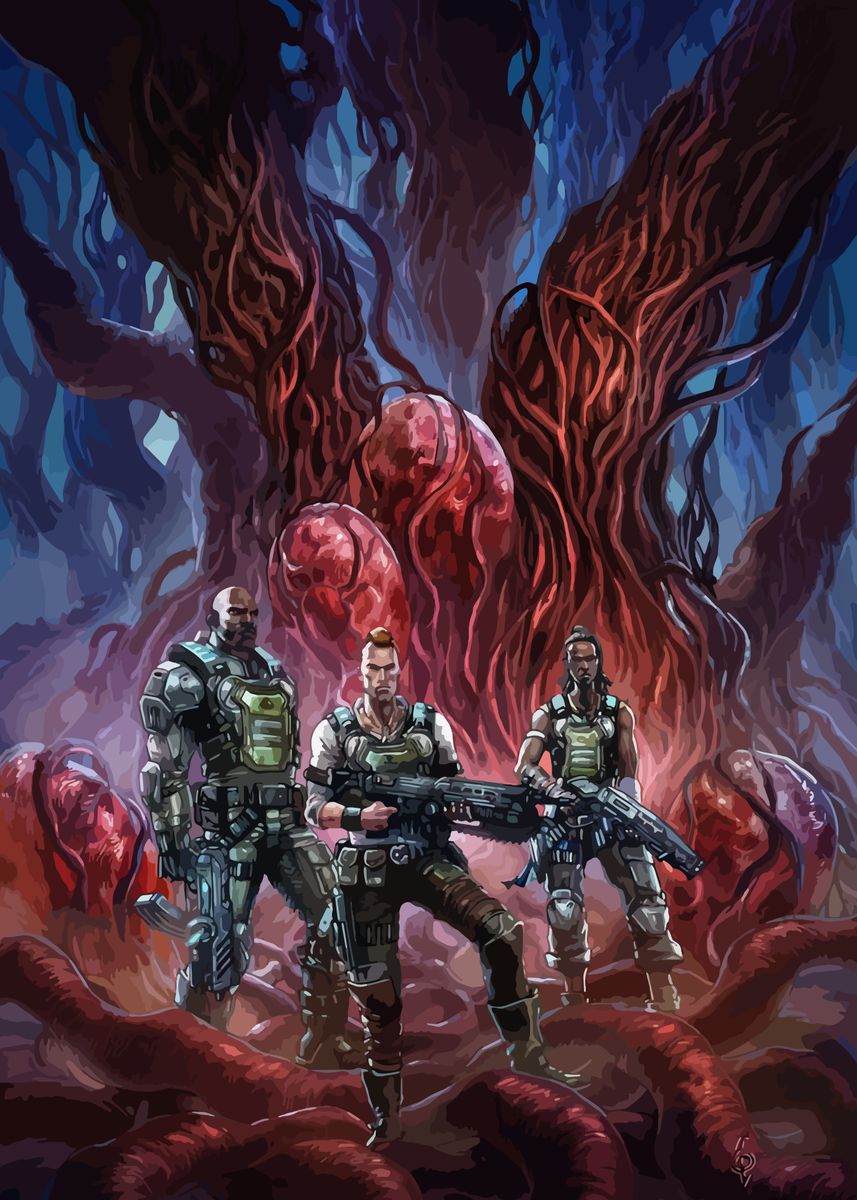 'Sci-Fi Soldiers in Alien Forest' Poster, picture, metal print, paint ...