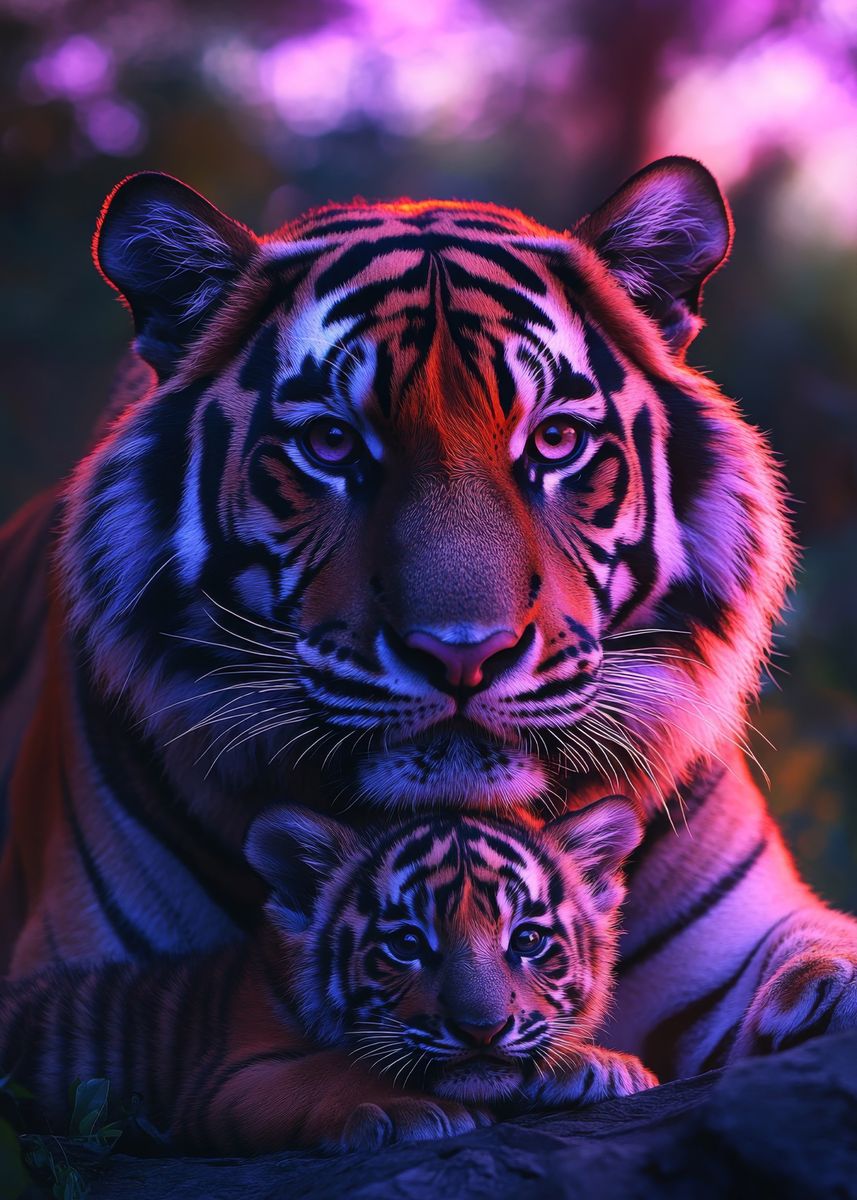 'Tiger Cub and Mother' Poster, picture, metal print, paint by Oliver Qo ...
