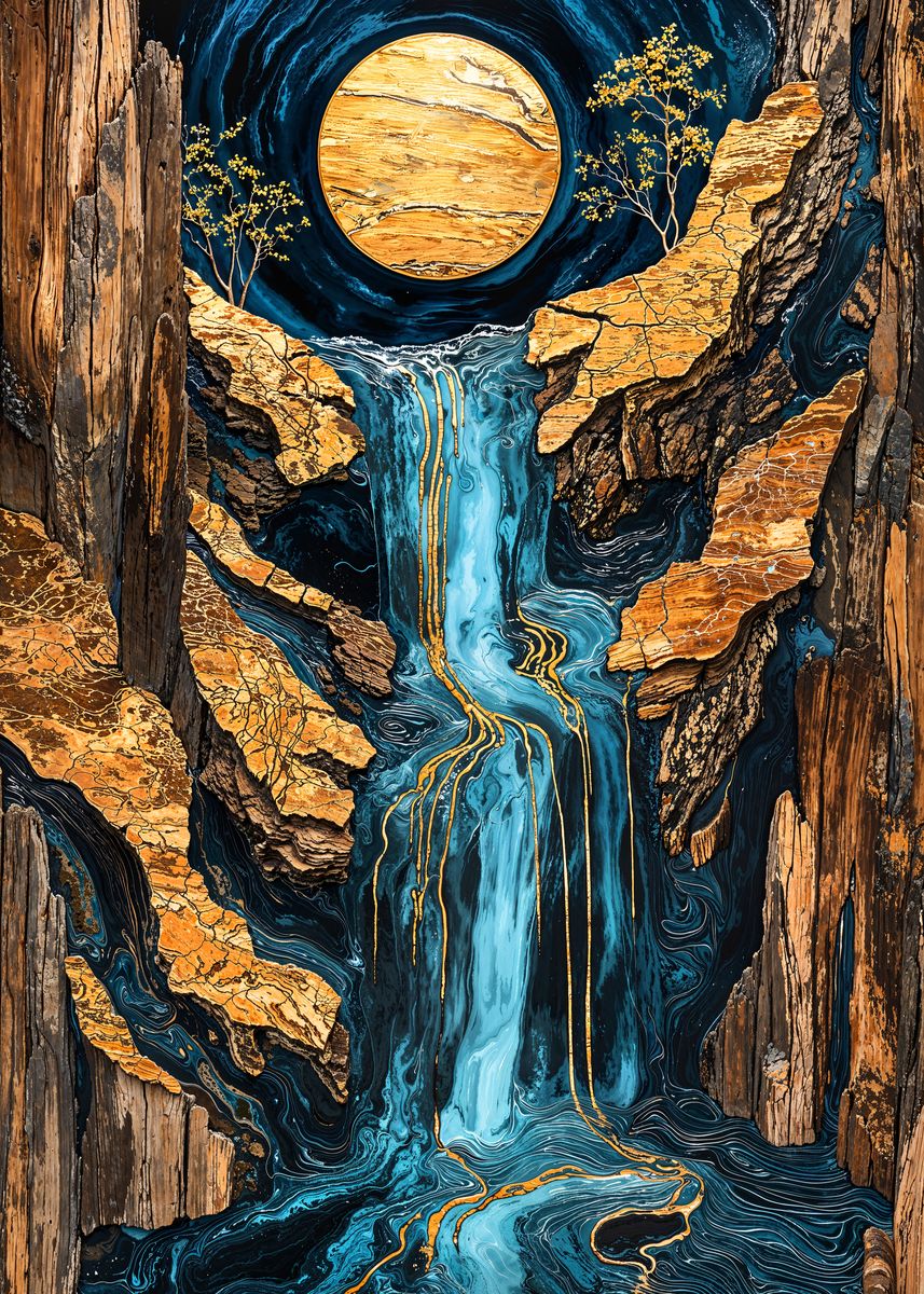 'Golden Waterfall Wood Art' Poster, picture, metal print, paint by ...