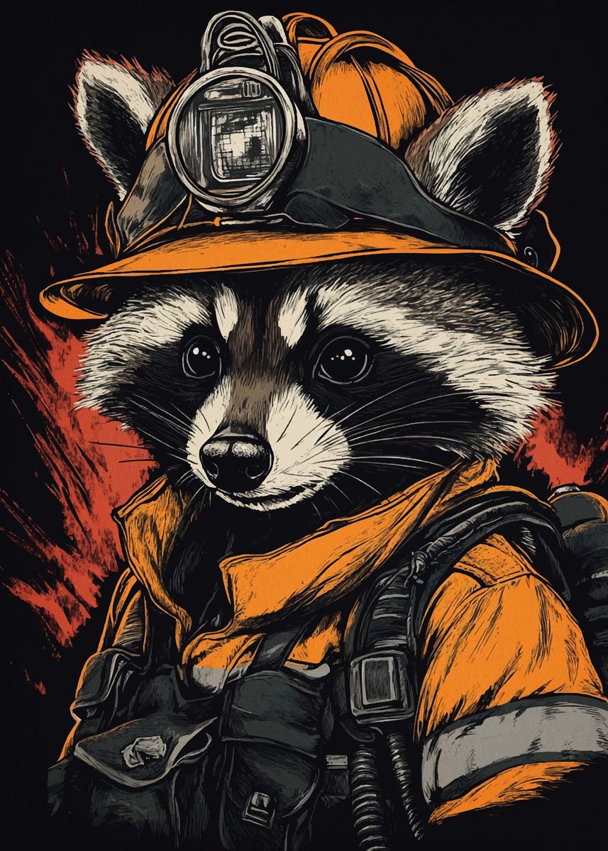 'Raccoon Firefighter' Poster, picture, metal print, paint by | Displate