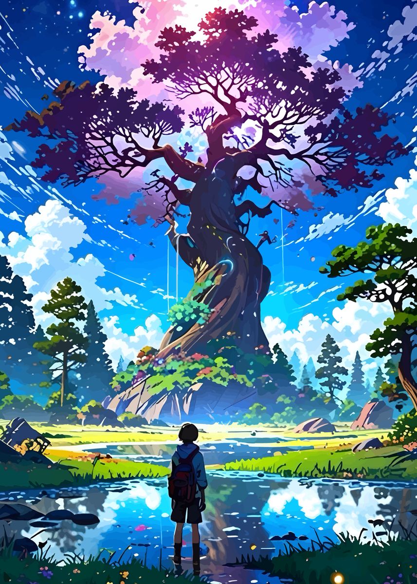 'Fantasy Tree Landscape' Poster, picture, metal print, paint by | Displate