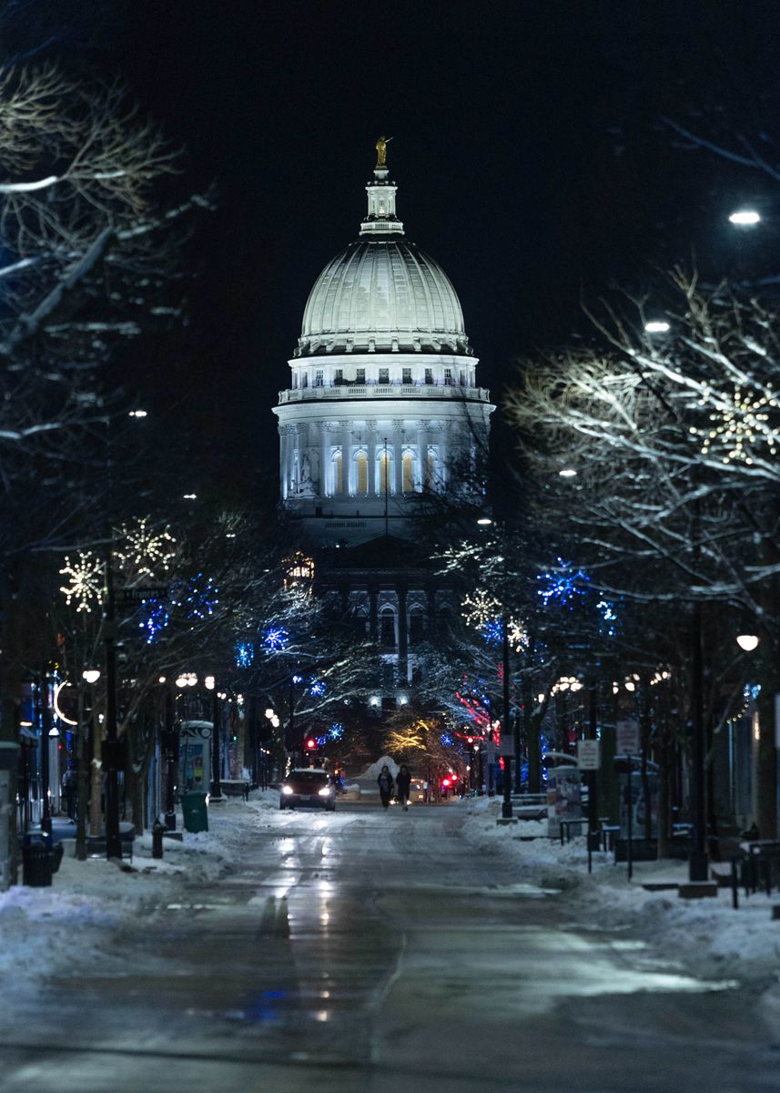 'Snowy Madison WI Cityscape at Night' Poster, picture, metal print ...