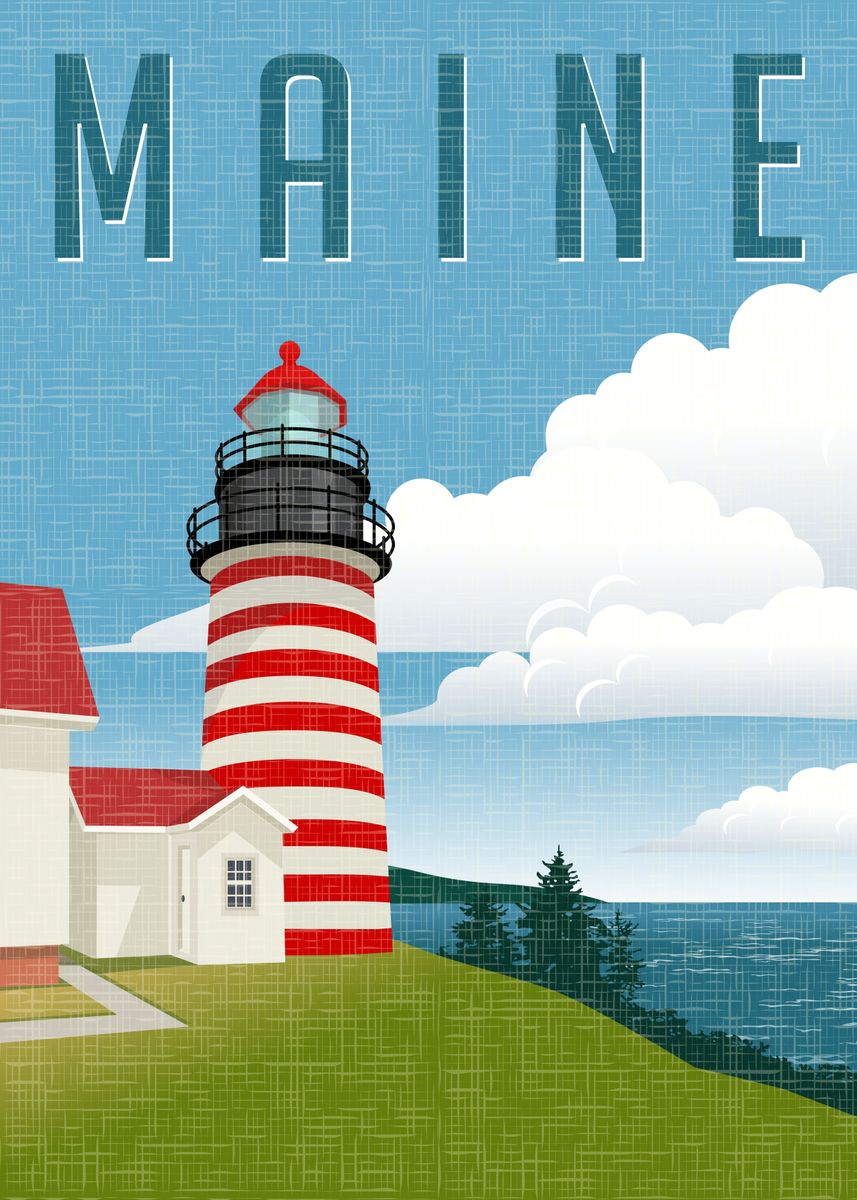 'Maine Lighthouse' Poster, picture, metal print, paint by Sam Kal | Displate