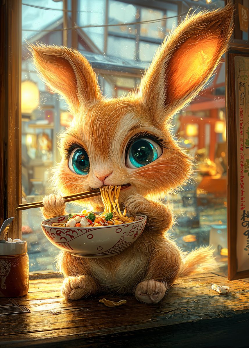 'Cute Bunny Eating Ramen' Poster, picture, metal print, paint by ...