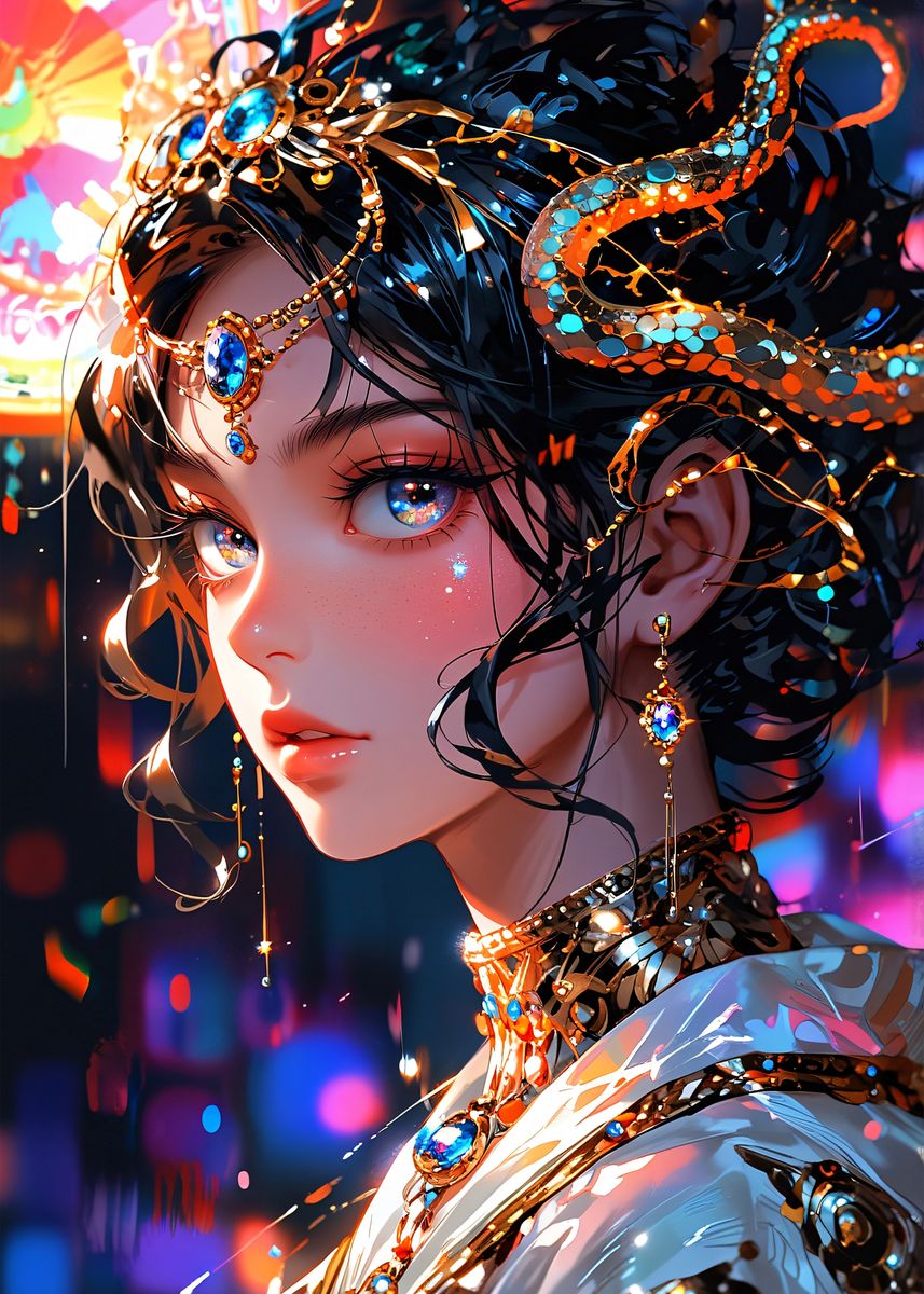 'Anime Girl with Gold Jewelry' Poster, picture, metal print, paint by ...