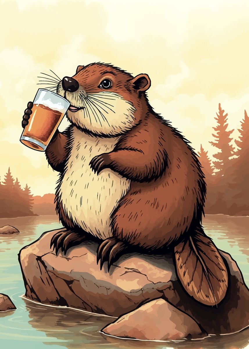 'Beaver Drinking Beer' Poster, picture, metal print, paint by DEGUZMAN ...