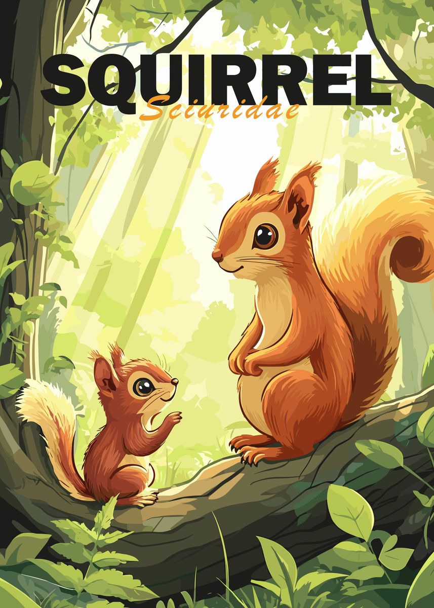 'Squirrel Family in Forest' Poster, picture, metal print, paint by ...