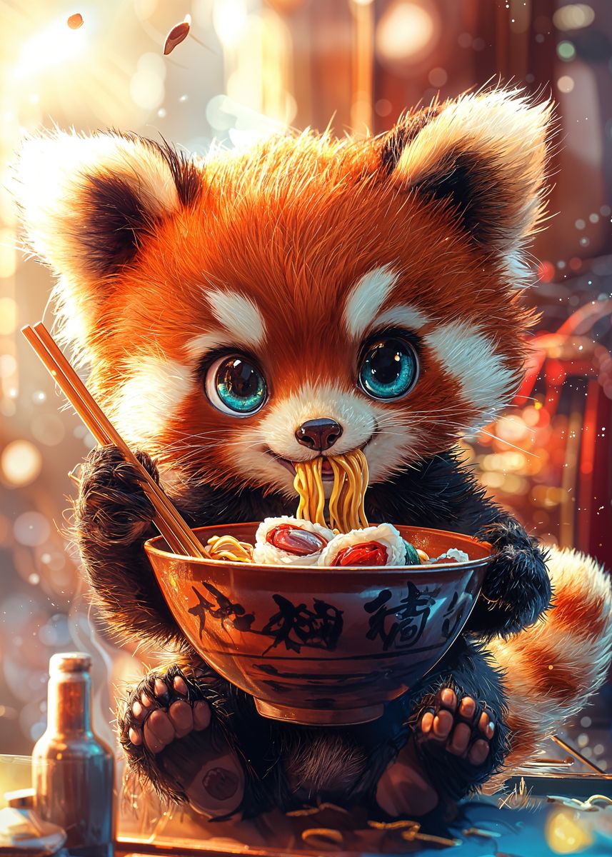 'Red Panda Eating Ramen' Poster, picture, metal print, paint by ...