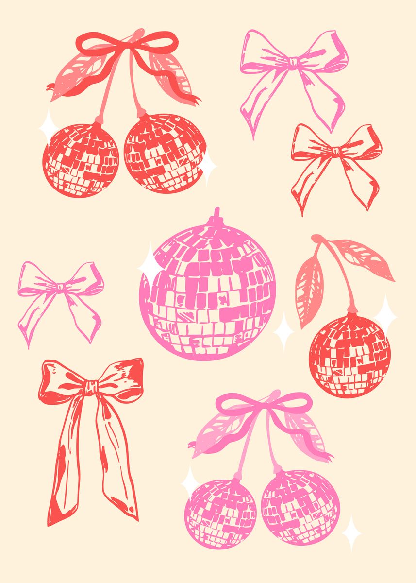 'Disco Ball Cherries & Bows Coquette' Poster, picture, metal print ...