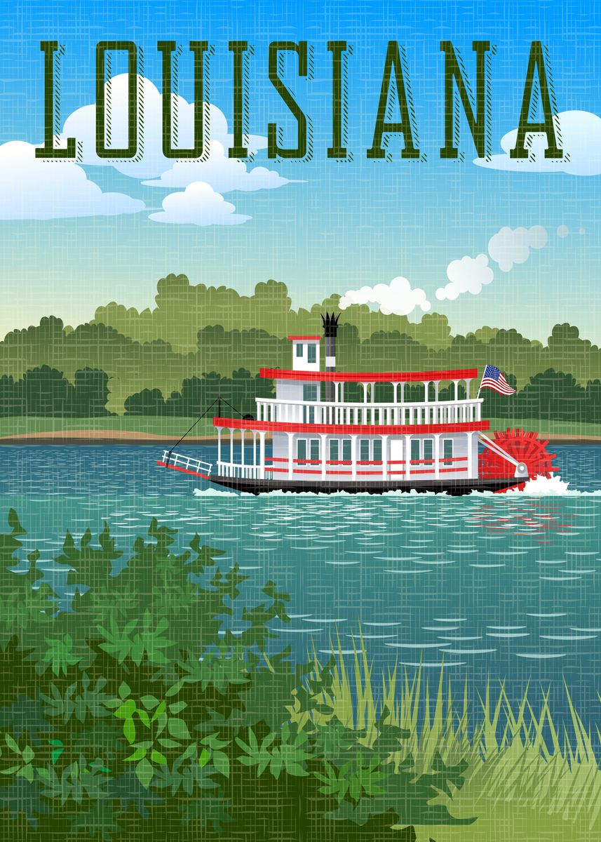 'Louisiana Riverboat' Poster, picture, metal print, paint by Sam Kal | Displate