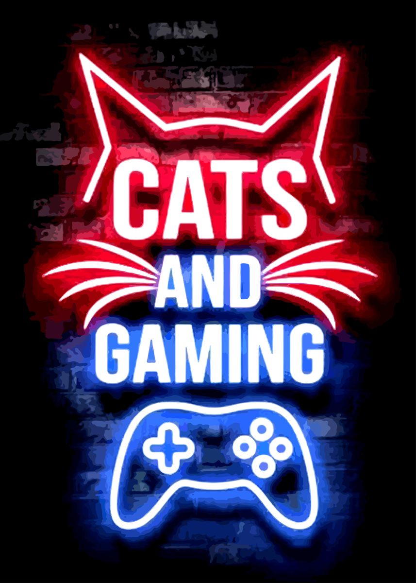 'Cats And Gaming Neon Sign' Poster, picture, metal print, paint by ...