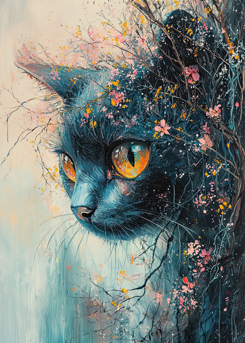 'Cat in Bloom' Poster, picture, metal print, paint by Benjamin Alvarez ...