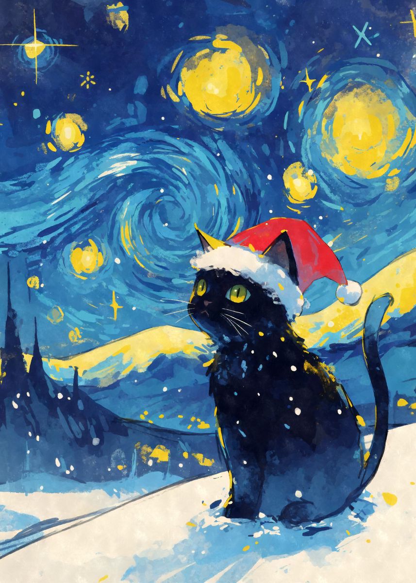 'Christmas Black Cat Santa Hat ' Poster, picture, metal print, paint by ...