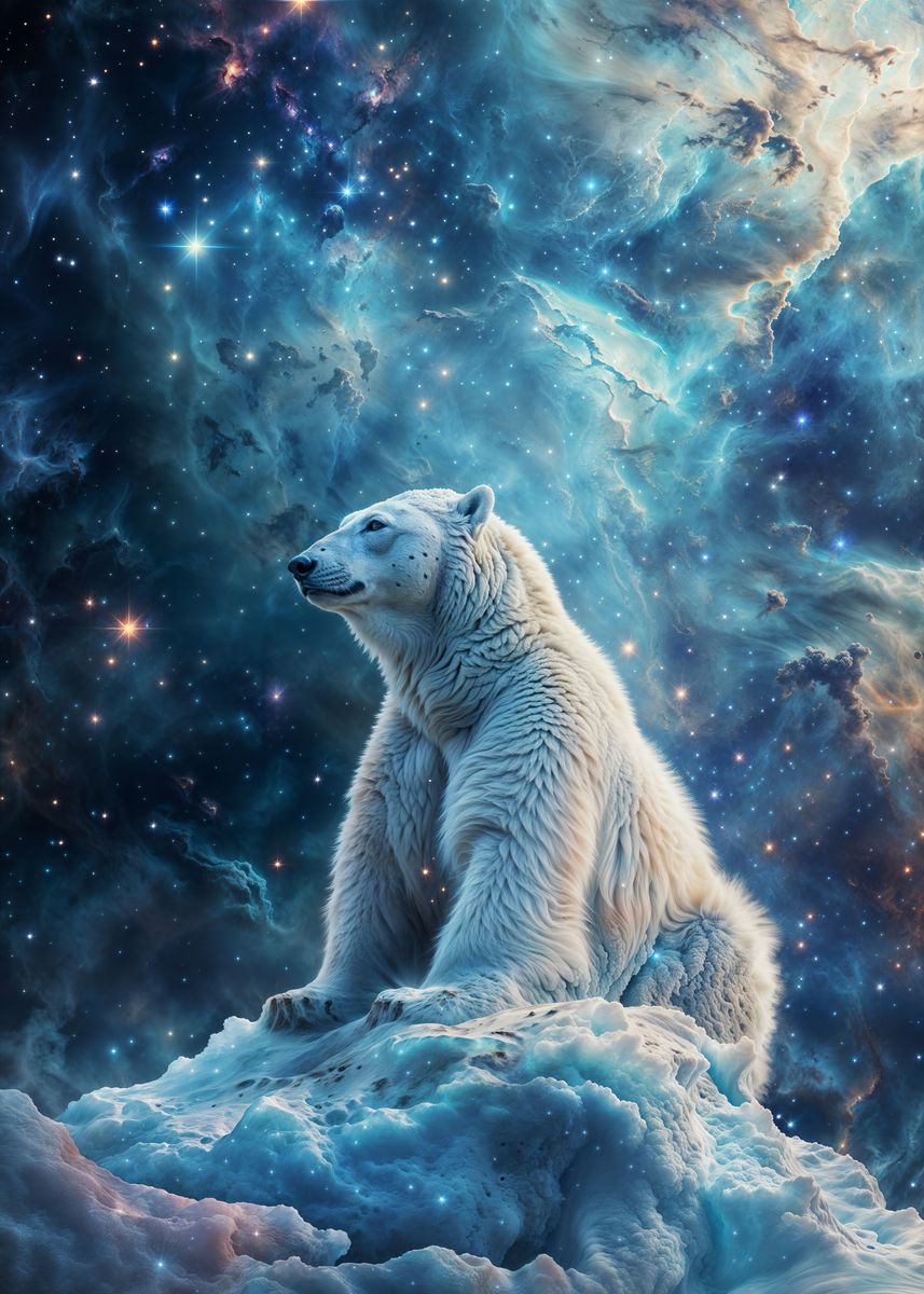 'Cosmic Nebula Polar Bear' Poster, picture, metal print, paint by HyperArt | Displate