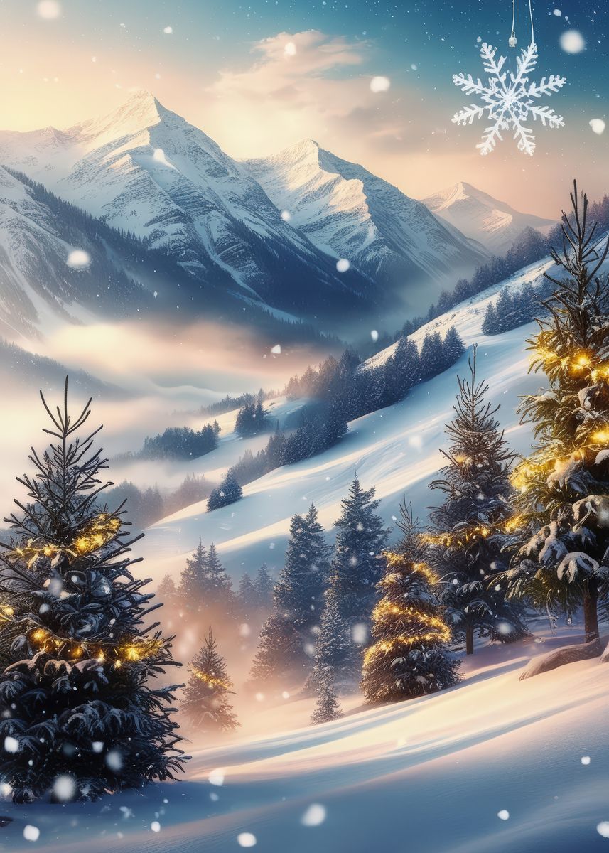 'Snowy Mountain Christmas' Poster, picture, metal print, paint by ...