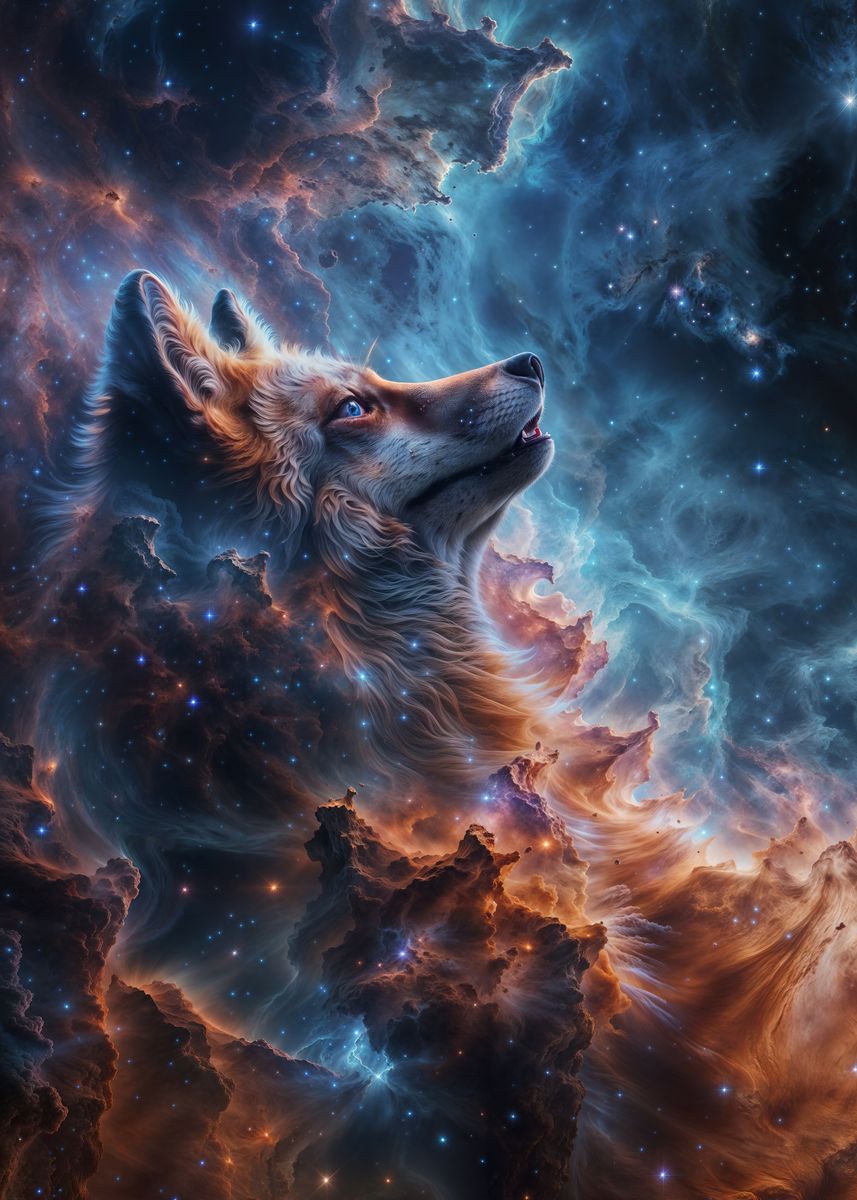 'Cosmic Nebula Fox' Poster, picture, metal print, paint by HyperArt | Displate
