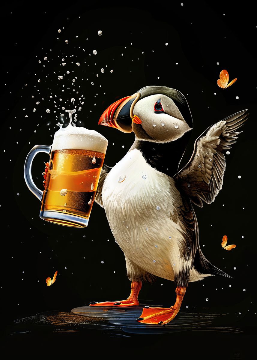 'Puffin with Beer' Poster, picture, metal print, paint by HexorFunny ...