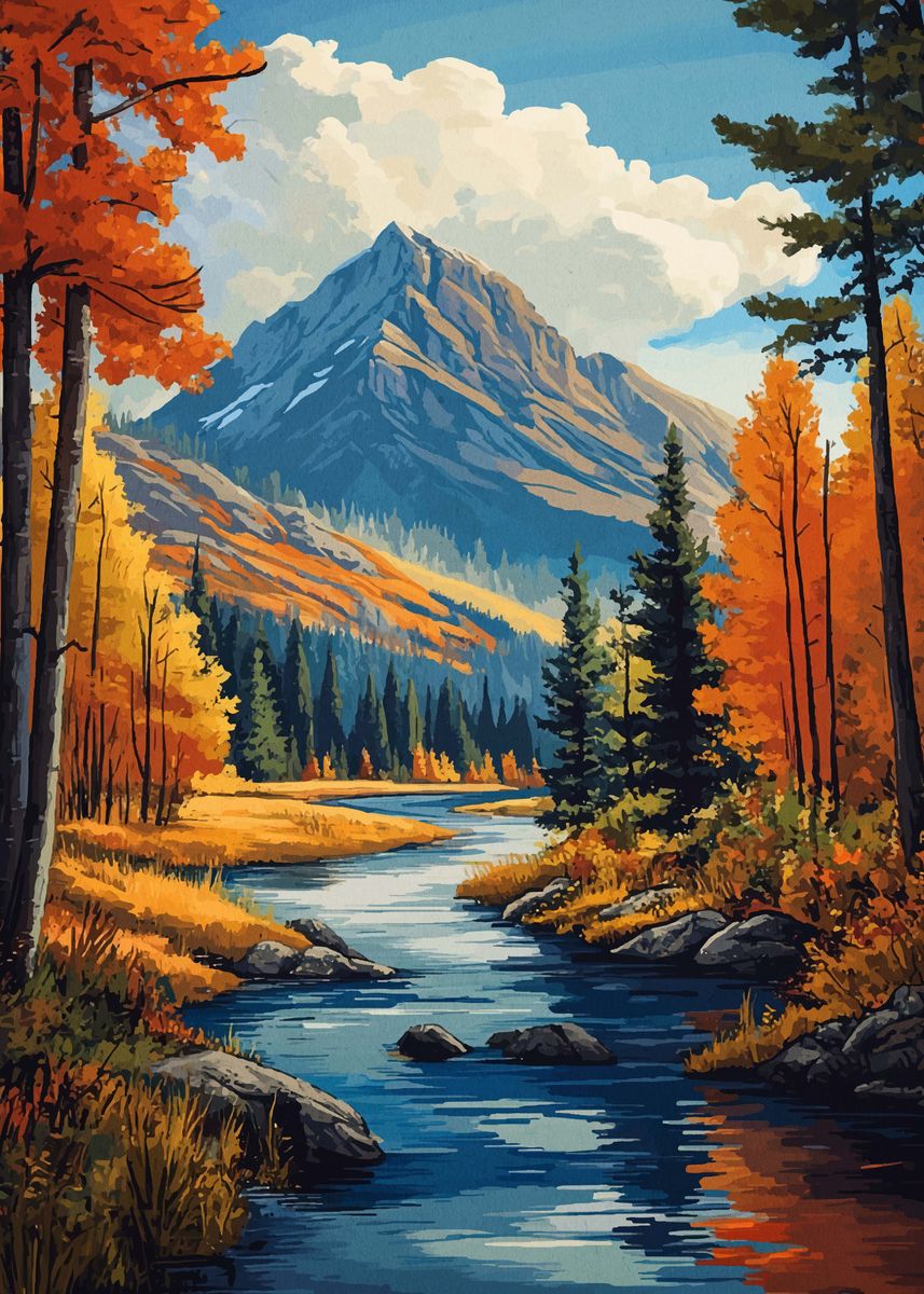 'Autumn Mountain River' Poster, picture, metal print, paint by Bains ...
