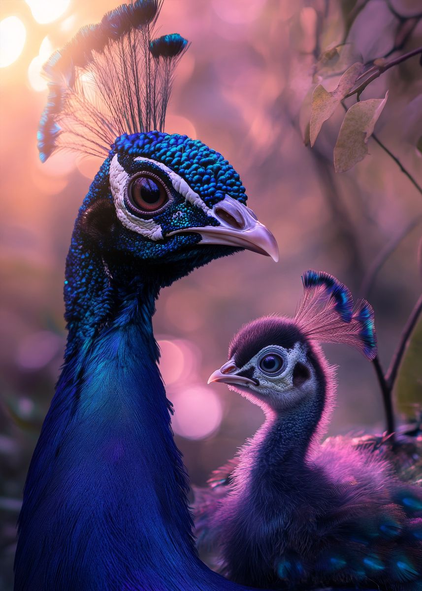 'Peacock and Chick' Poster, picture, metal print, paint by Oliver Qo ...