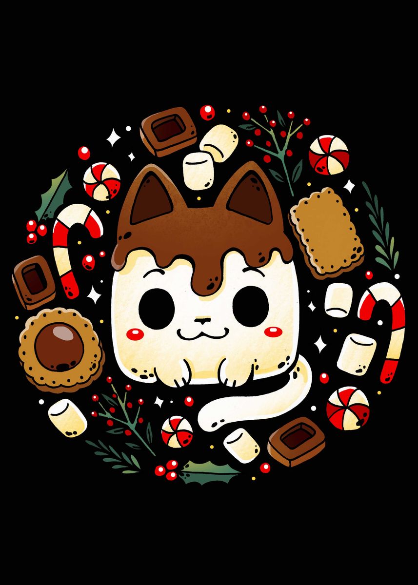 'Cute Cat with Christmas Treats' Poster, picture, metal print, paint by Valentina Fabbri | Displate