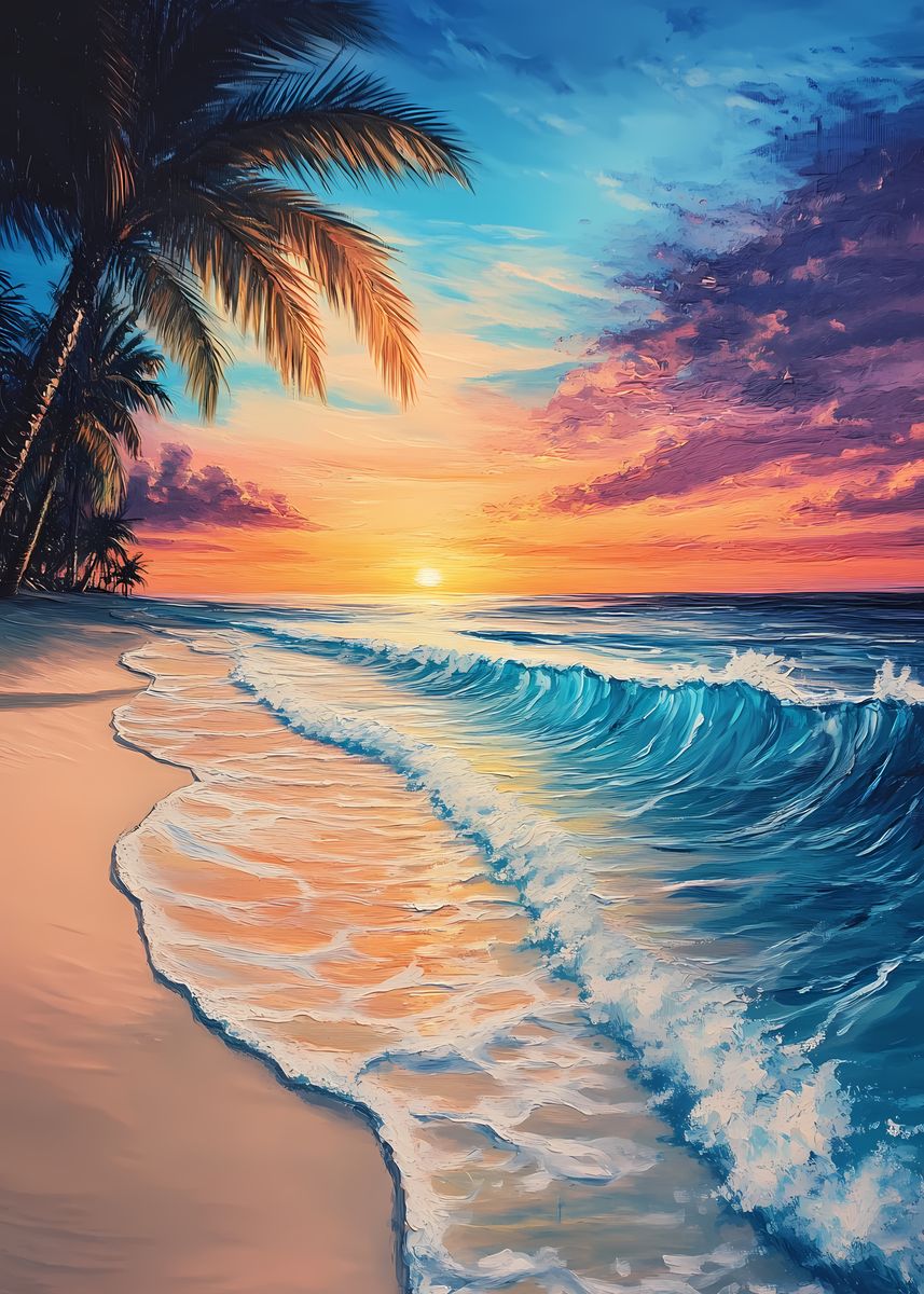 'Tropical Sunset Beach' Poster, picture, metal print, paint by AVA ...