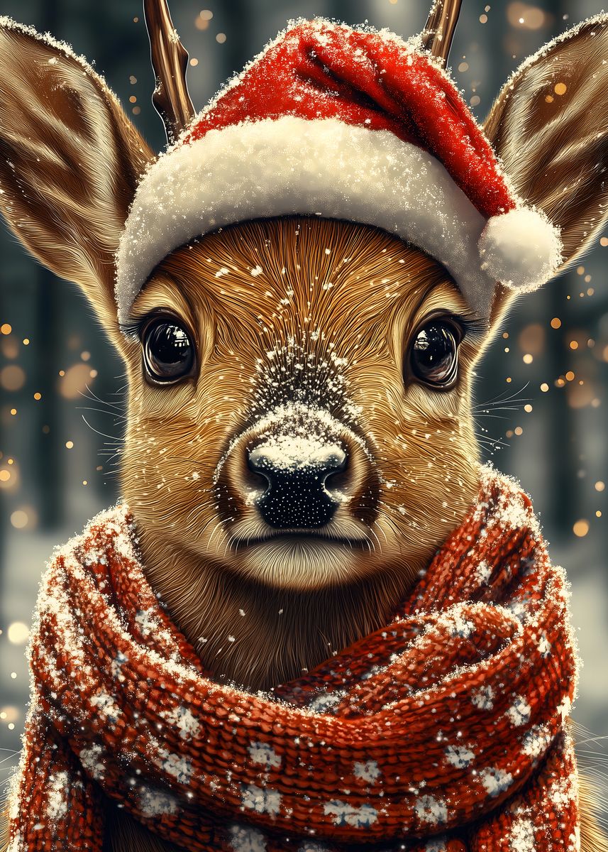 'Fawn in Santa Hat' Poster, picture, metal print, paint by Spud | Displate