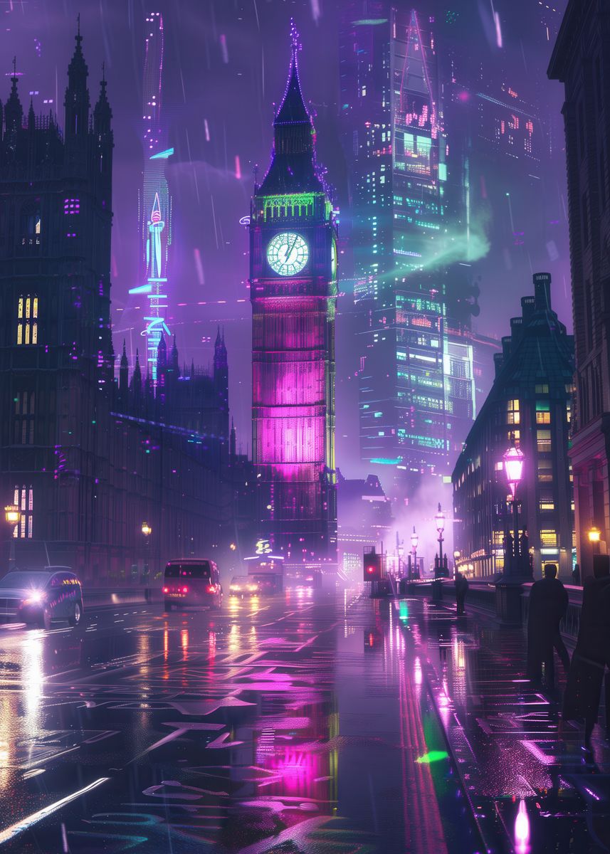 'Cyberpunk London Neon City' Poster, picture, metal print, paint by ...