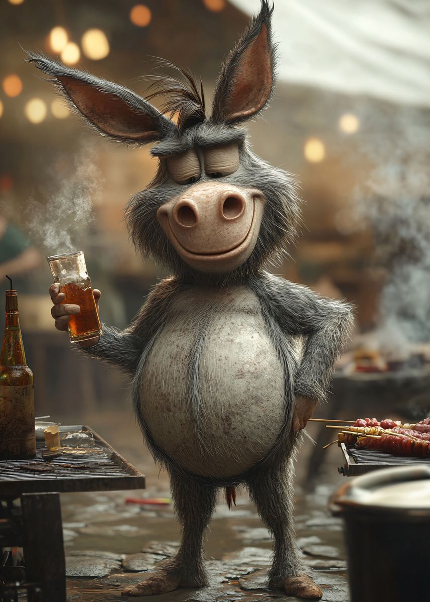 'Smiling Donkey with Beer' Poster, picture, metal print, paint by ...