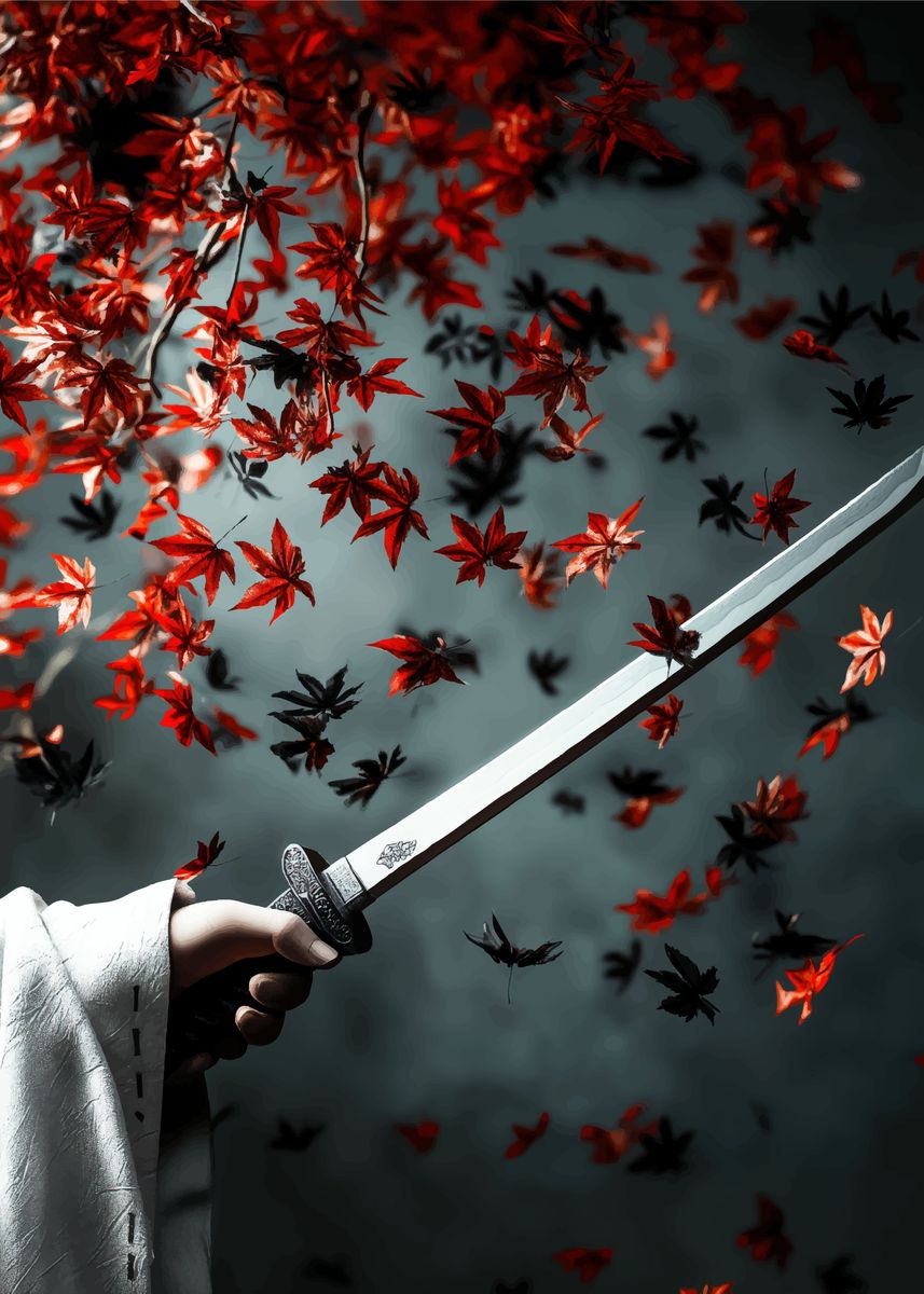 'Samurai Sword & Falling Leaves' Poster, picture, metal print, paint by ...