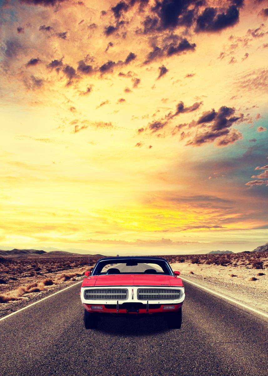 'Classic Charger Sunset Drive' Poster, picture, metal print, paint by ...