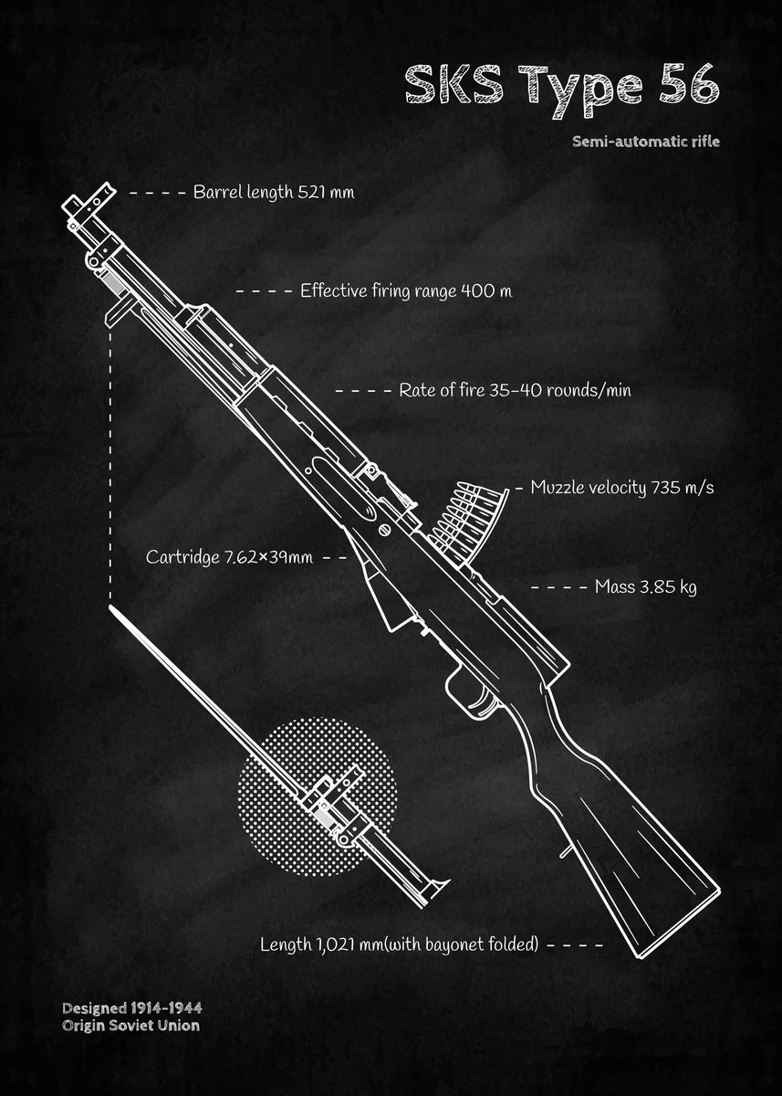 'SKS Type 56 Rifle blueprint' Poster, picture, metal print, paint by ...