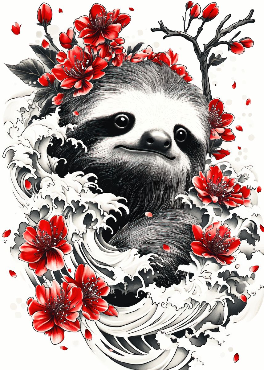 'Sloth with Cherry Blossoms' Poster, picture, metal print, paint by ...