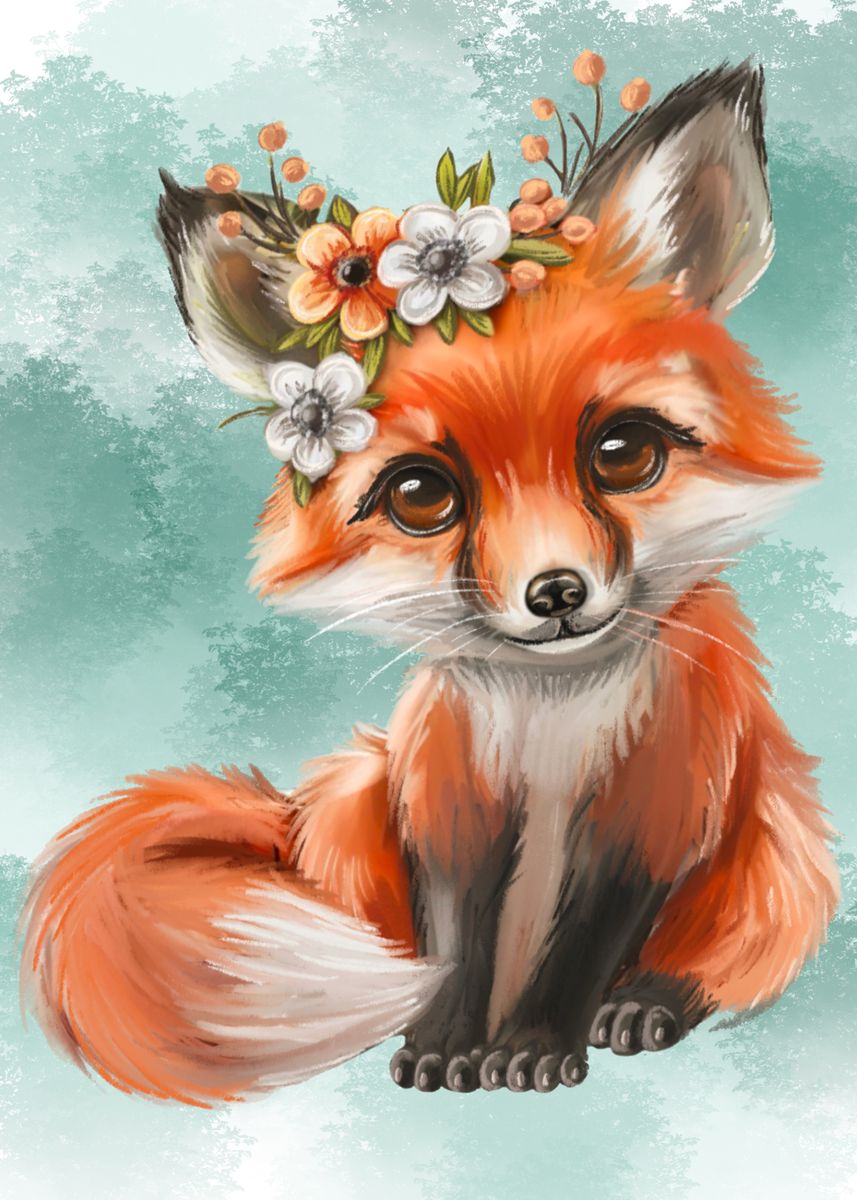 'Cute Fox with Flower Crown' Poster, picture, metal print, paint by ...