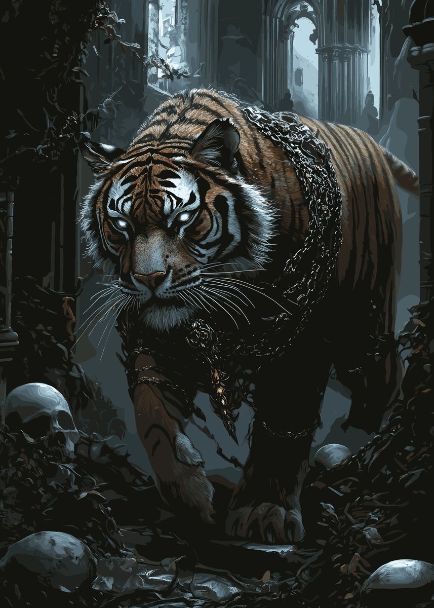 'Chained Tiger in Ruins' Poster, picture, metal print, paint by ...