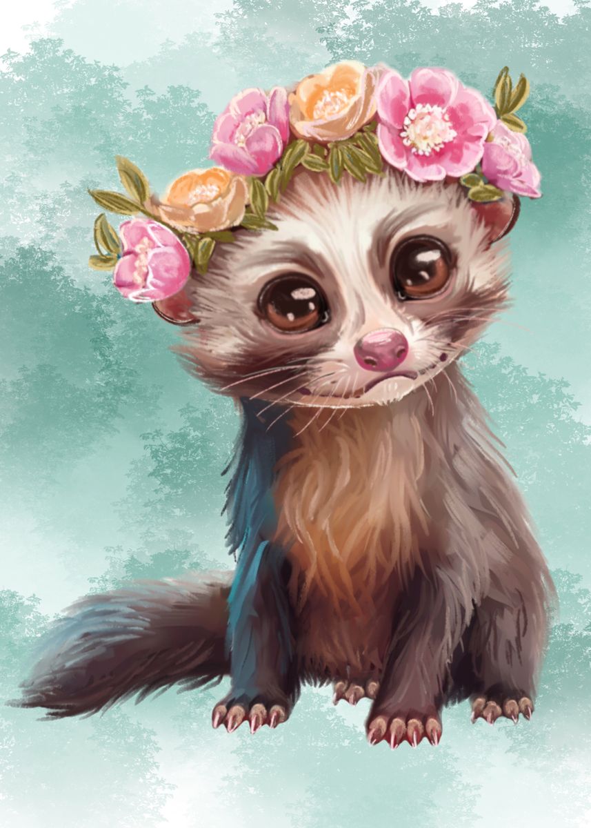 'Cute Ferret with Flower Crown' Poster, picture, metal print, paint by ...