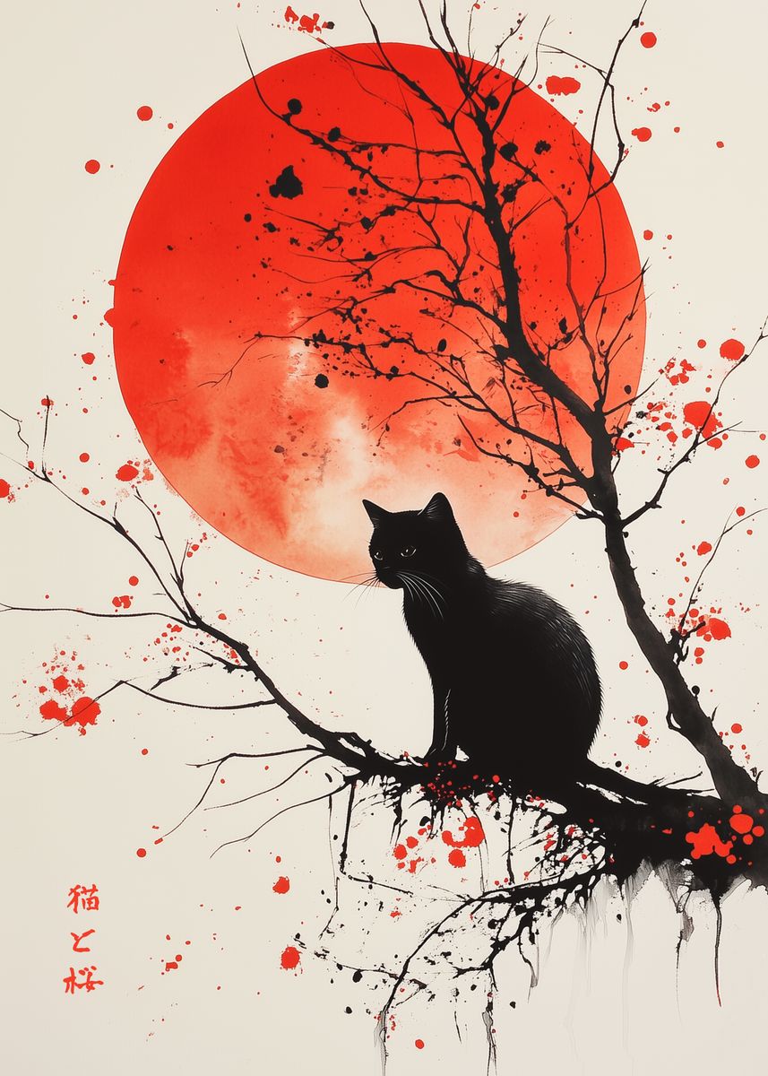 'Black Cat Under Red Moon' Poster, picture, metal print, paint by ...