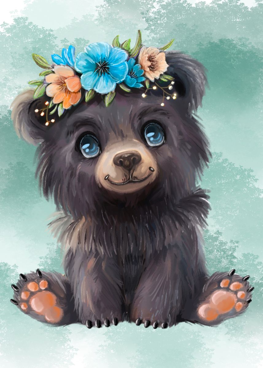 'Cute Bear with Flower Crown' Poster, picture, metal print, paint by ...
