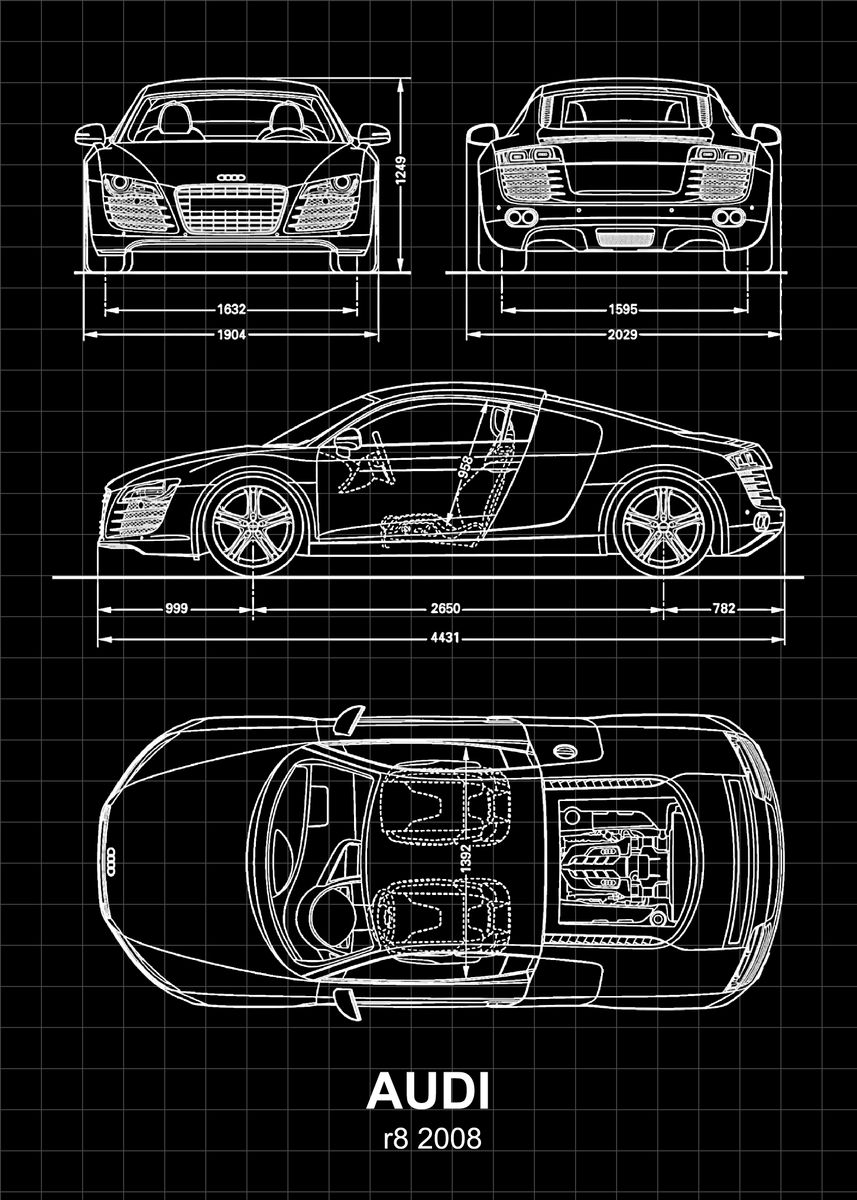 'Audi R8 2008 Blueprint' Poster, picture, metal print, paint by had ...