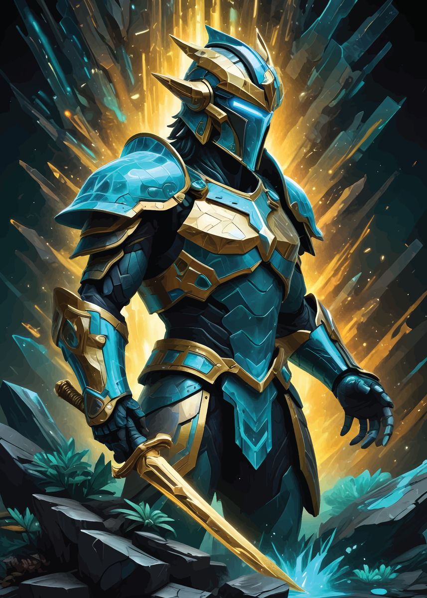 'Blue and Gold Knight' Poster, picture, metal print, paint by | Displate