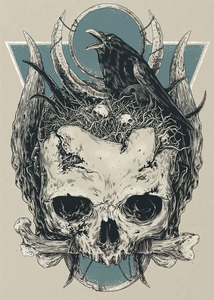 'Crow on Skull' Poster, picture, metal print, paint by | Displate