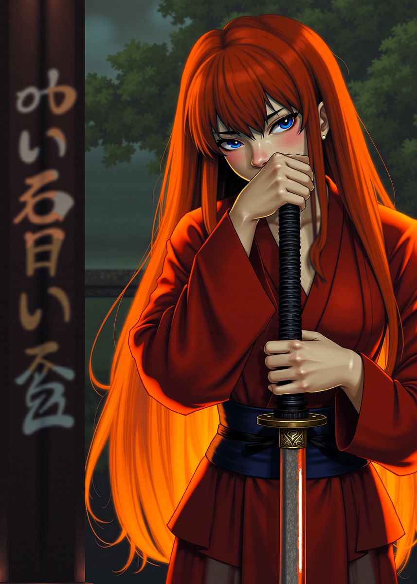 'Red-Haired Samurai Woman' Poster, picture, metal print, paint by ...