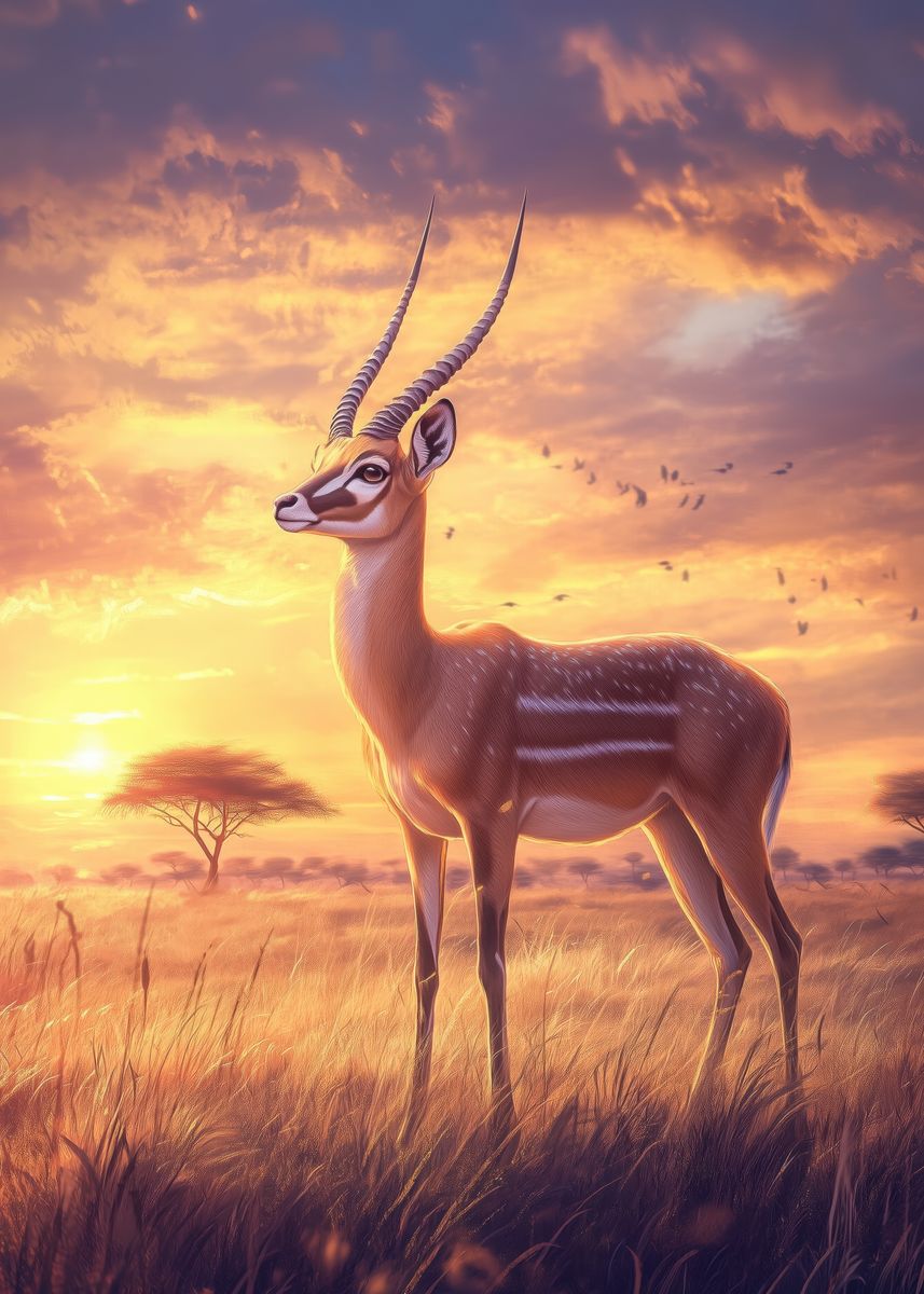 'Gazelle at Sunset' Poster, picture, metal print, paint by Rawbin ...