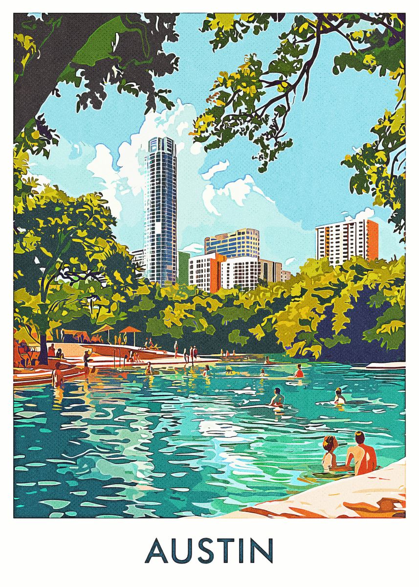 'Austin Cityscape with Pool' Poster, picture, metal print, paint by ...
