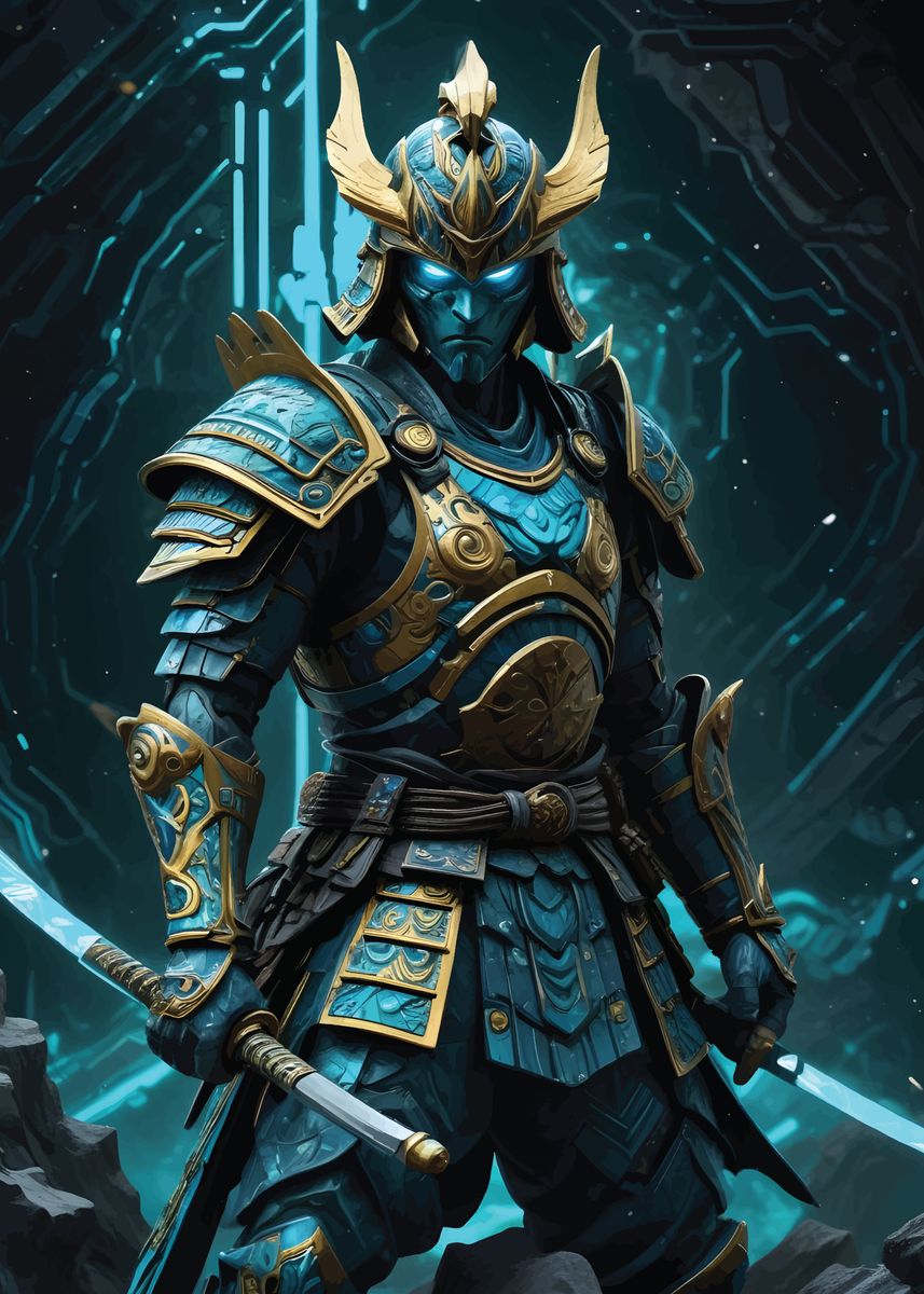'Blue Samurai Warrior' Poster, picture, metal print, paint by | Displate