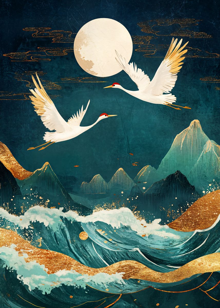 'Midnight Cranes and Moon over Waves' Poster, picture, metal print ...