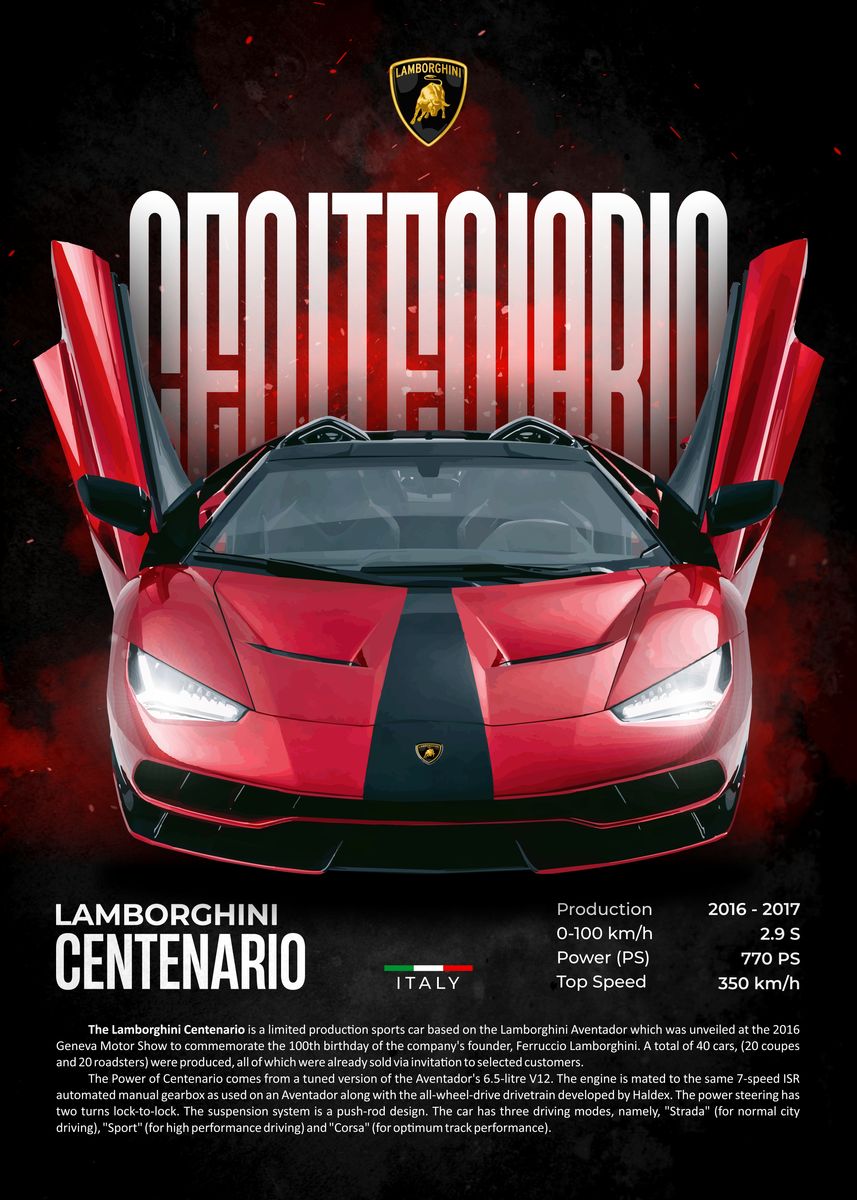 'Lamborghini Centenario' Poster, picture, metal print, paint by Joko ...