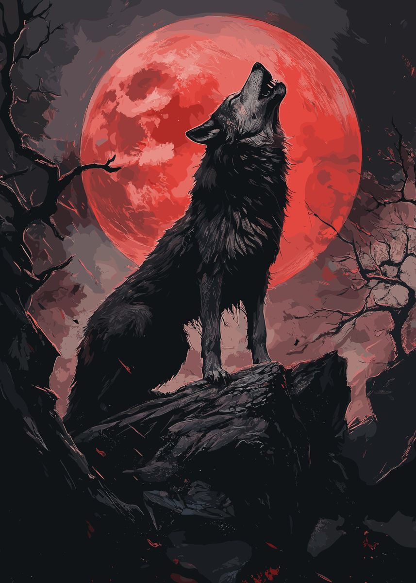 'Wolf Howling at Blood Moon' Poster, picture, metal print, paint by ...
