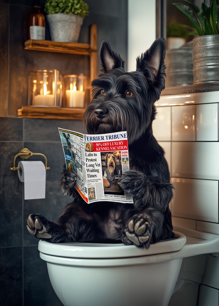 'Scottish Terrier on the Toilet' Poster, picture, metal print, paint by ...