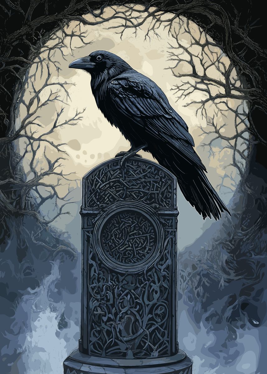 'Gothic Raven on Stone Monument' Poster, picture, metal print, paint by ...